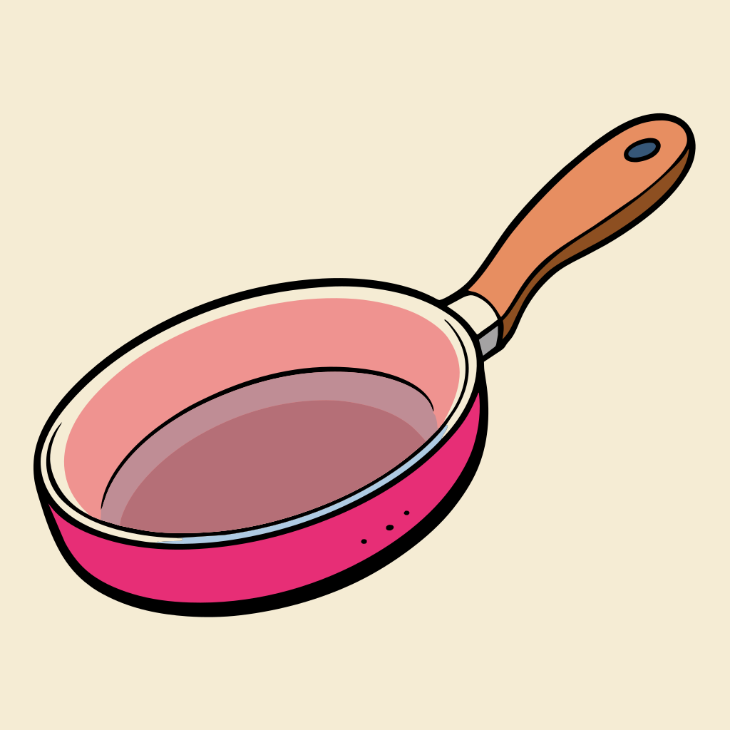 hand-drawn pink frying pan in the style of the 80s - Recraft