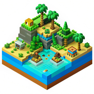 Generate a flat color background, a high definition pixel art tropical ...