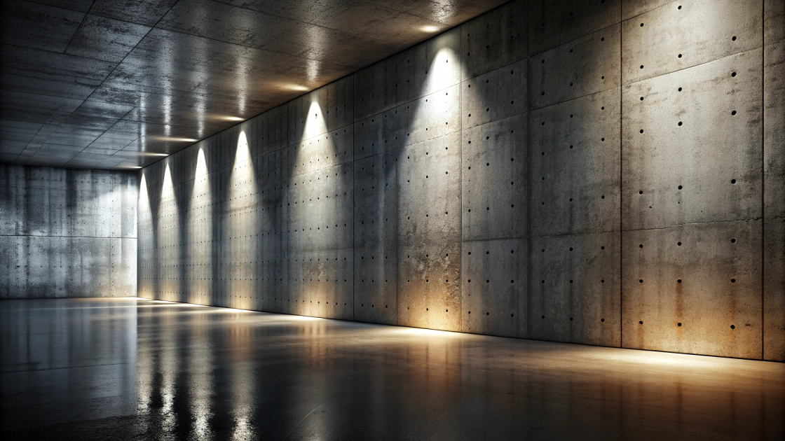 A textured concrete wall with areas of roughness and smoothness, lit by ...