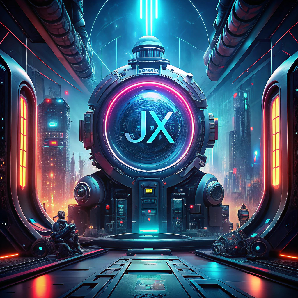 futuristic web portfolio page, with a futuristic ai background, and JX is written in background ...