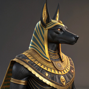 Digital 3D model of Anubis-inspired character, primarily black with ...