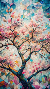 A mesmerizing cubist art piece featuring a cherry tree in full bloom ...