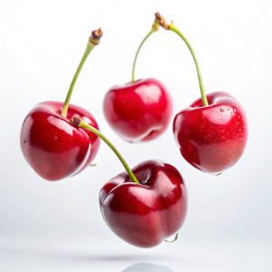 4 red cherry falling in the air , on white background - Recraft