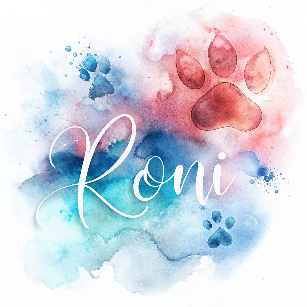 simple logo that says "Roni" in cursive font with a dog paw prints in ...
