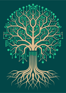 complex outline integrated circuitry tree with intricated deep natural ...
