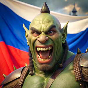 An orc is happy. The Russian flag is in the background. - Recraft
