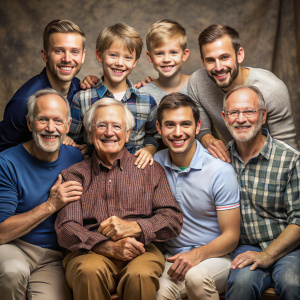 Generate a heartwarming portrait featuring multiple generations of ...