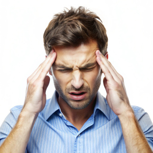 Frustrated handsome man head pain concept white background - Recraft