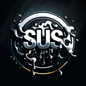 round logo with SUS in the middle surrounded by oily liquid spilling ...