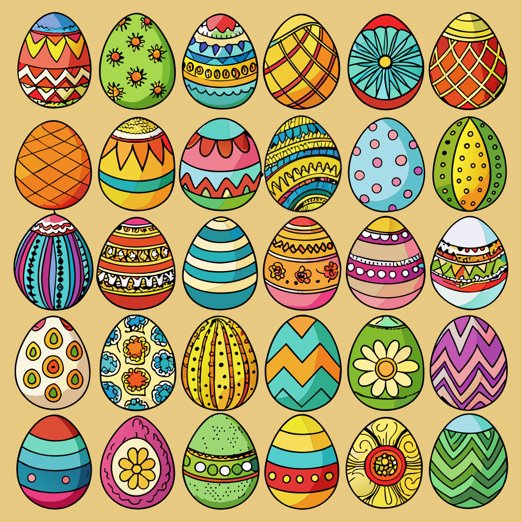 Easter egg icons set. 30 Easter eggs Colorful doodle style Easter eggs on isolated background ...