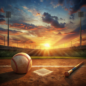 A vintage baseball field at dusk with the sun setting in the background ...