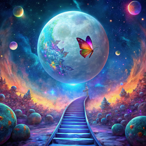 Big and multi color moon in small stars sky upstairs go to the moon ...