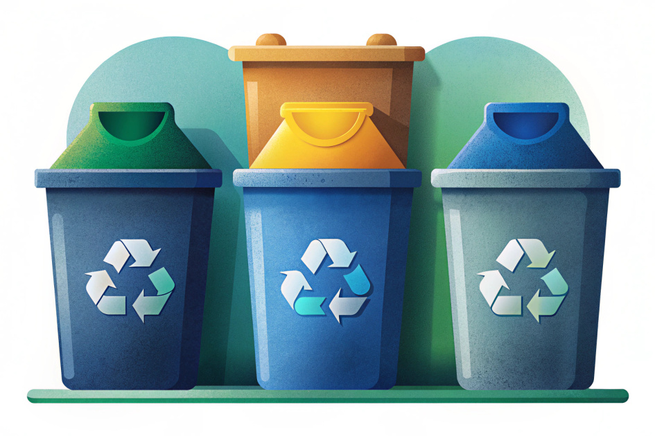 home recycling station, bins marked as glass, plastic, paper and can ...