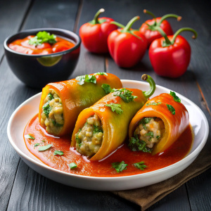 pipianes Rellenos en salsa on white plate in a black table background ...