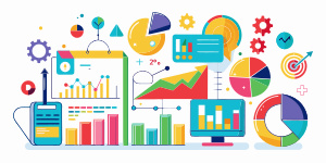 A stack of colorful charts with whimsical illustrations depicting data ...