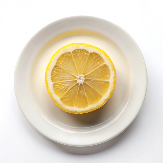 a half Lemon slice in white plate on white background - Recraft