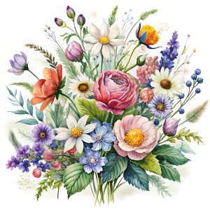 random wildflowers arrangement, solid white background - Recraft