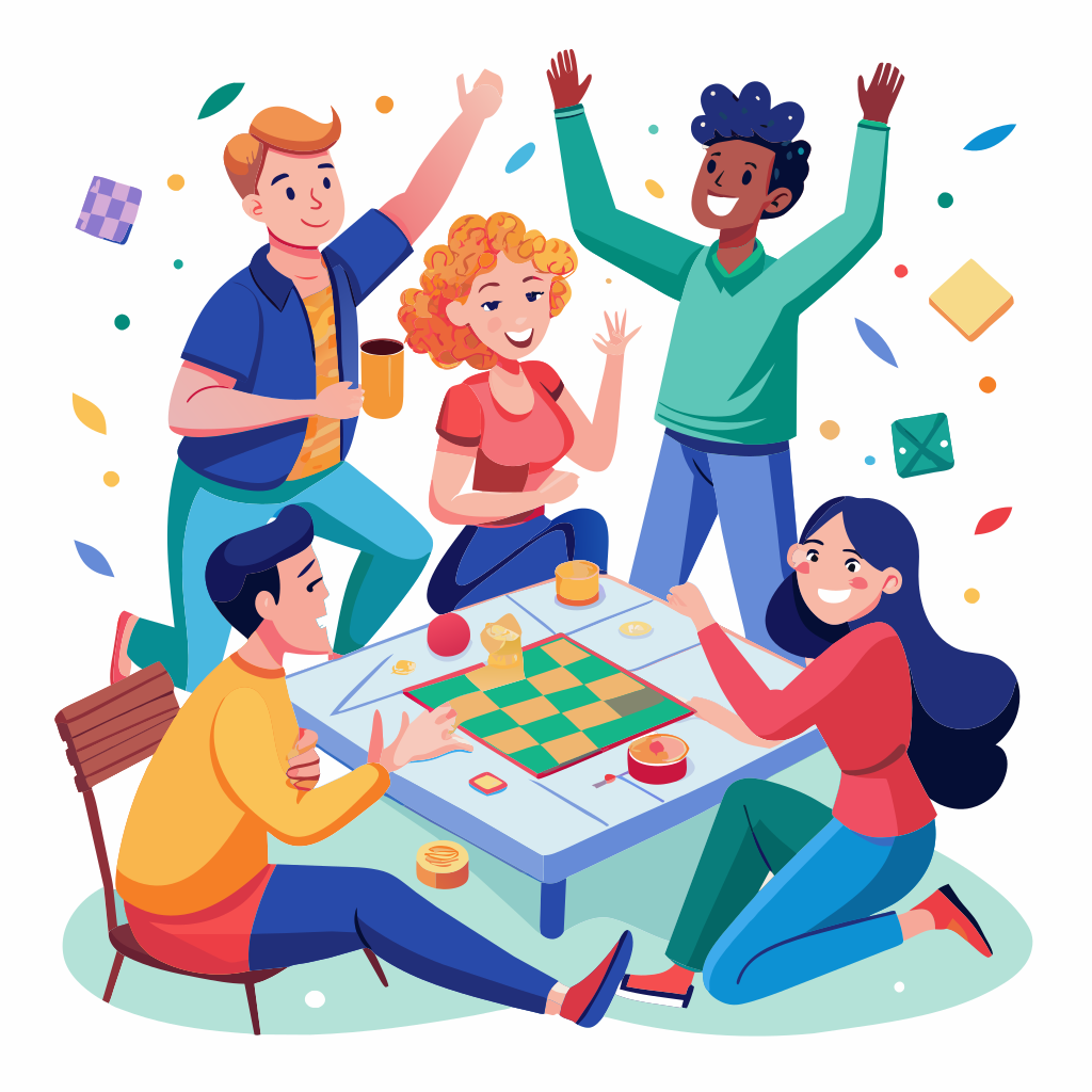 A group of friends playing a board game, with pieces forming a ...