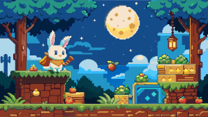The image is a pixel art scene from a 2D platformer with a white rabbit ...