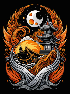 logo, t-shirt design, ship of Yin and Yang by Hokusai and James Gurney ...