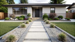 minimalist front yard landscaping for a traditional home, Clean lines ...