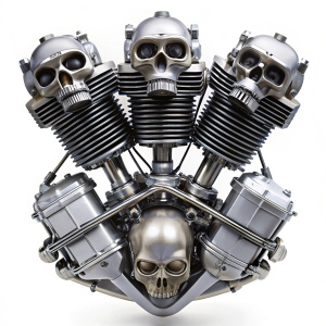 V2 motorcycle engine, where the cylinders are skull-shaped on white ...
