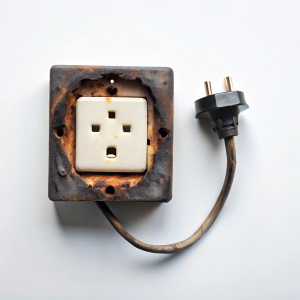 burnt out electrical outlet and plug on white background - Recraft