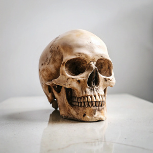 Photo close-up of human skull on table against white background - Recraft