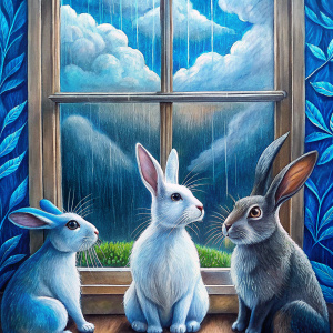 black, white and brown rabbits are sitting at the window, concerned ...