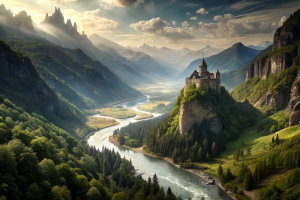 Mountain river, castle on a cliff, forest, lots of natural light ...