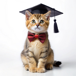 Cute cat wearing graduation cap and bow tie sitting, isolated on white ...