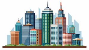 city high-rise buildings, side view, realism, on a white background ...