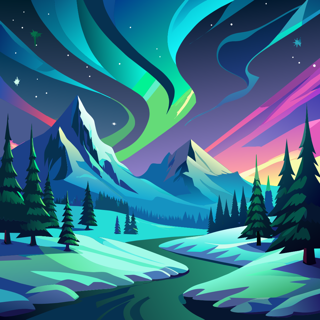 Luminous northern lights backgrounds over snowy landscapes for travel ...
