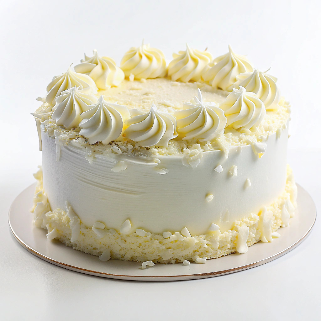 create a high quality a fresh white chocolate cake on white background ...