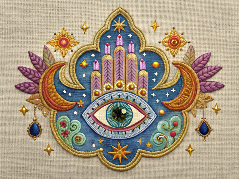 design a embroidry related to hamsa hand eveil eye sun moon star - Recraft