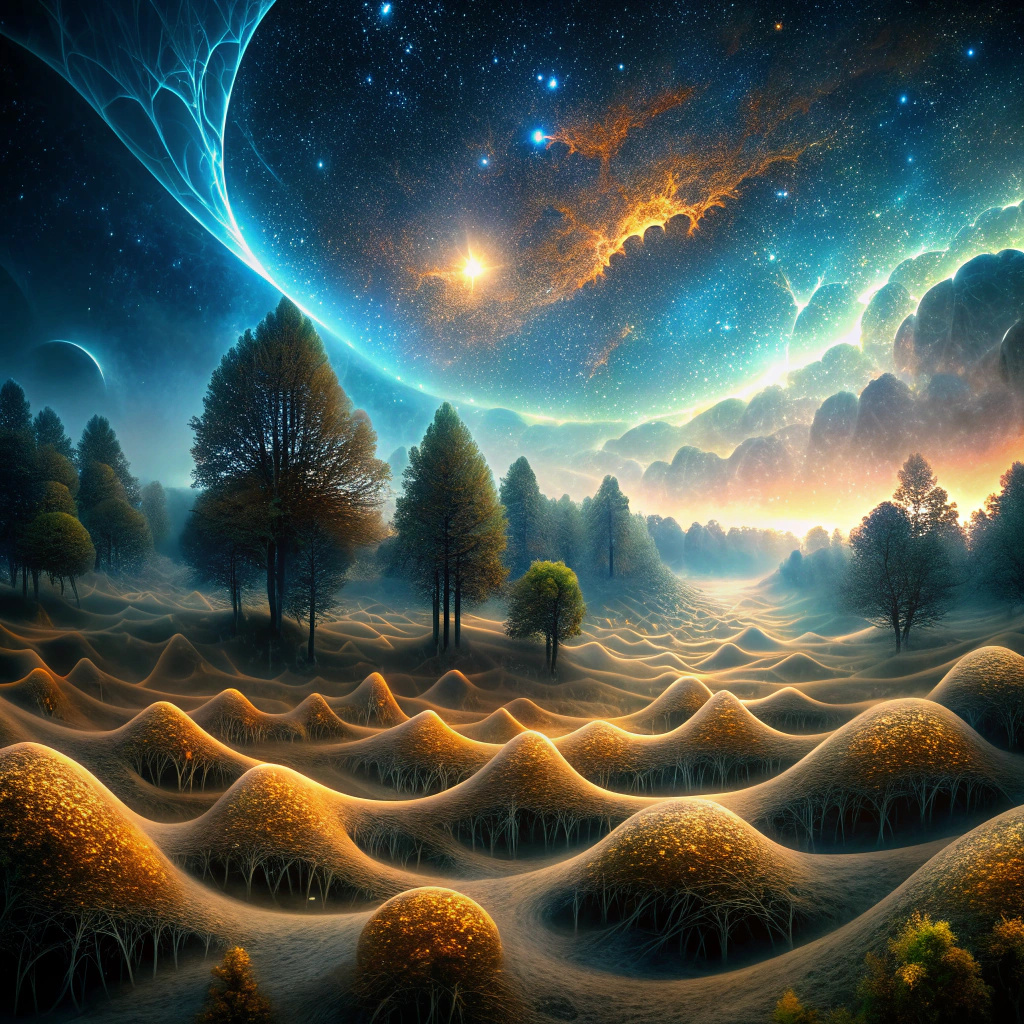 math curves glow in landscape, fractal design, trees and grass, night ...