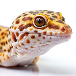 Head shot of a Leopard gecko side view on white background - Recraft