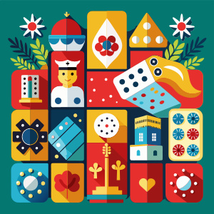 A set of dominoes with cultural symbols from different countries ...