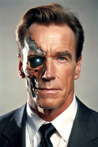 arnold schwarzenegger with half face damaged showing a robot face in an ...
