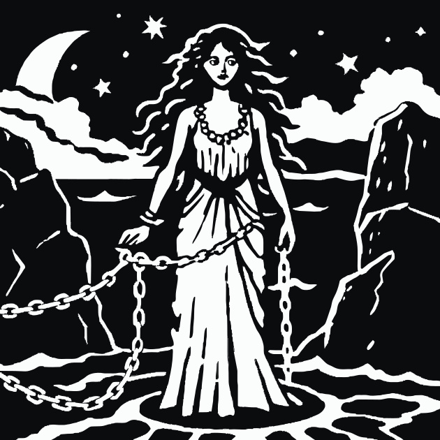 Greek mythology beautiful Andromeda chain stay in a rock near sea - Recraft