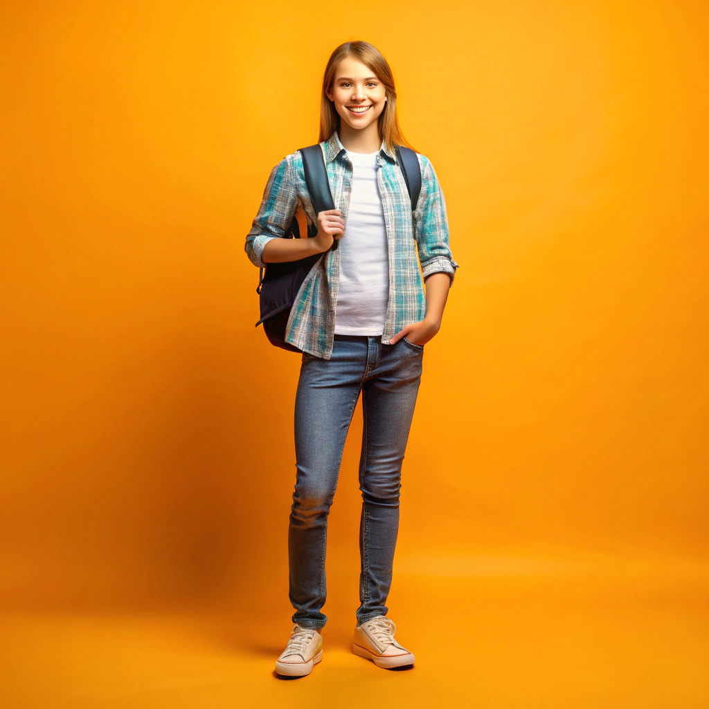 A student full body pose photoshoot on orange background - Recraft