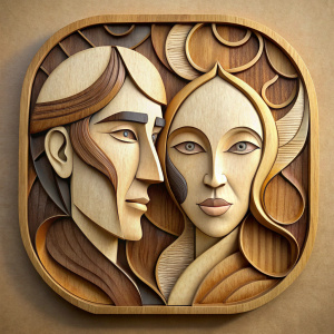 wooden face cut of man and women in layer by layer style brwon and ...