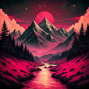 vintage mountains and river hand drawing - Recraft