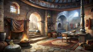Concept art style, assassin's creed style, In a medieval Turkish home ...