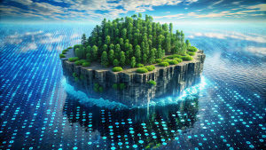 close view of floating island builds with binary code data - Recraft