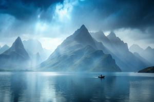 Slight rain, one person boating alone, misty rain, calm lake surface ...