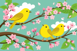 yellow birds sitting on a cherry blossom tree branch - Recraft
