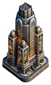 a isometric tall building for dark mafia game in 1930s with transparent ...