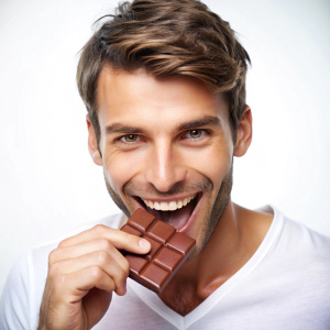 handsome man eat chocolate on white background - Recraft