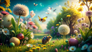 close-up sequence, green grass, surrounded by flowers, pinhole ...